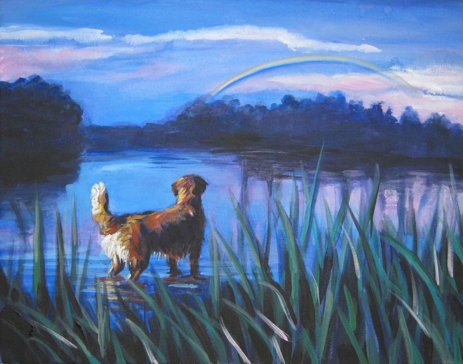 golden retriever dog art print of LA Shepard painting 11x14 rainbow br ...